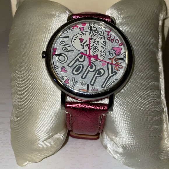 Coach | Accessories | Coach Poppy Metallic Leather Pink Watch Rare Wbox ...